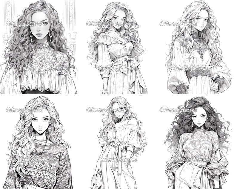 30 Bohemian Style Digital Coloring Book Fashion Girls Coloring Pages ...