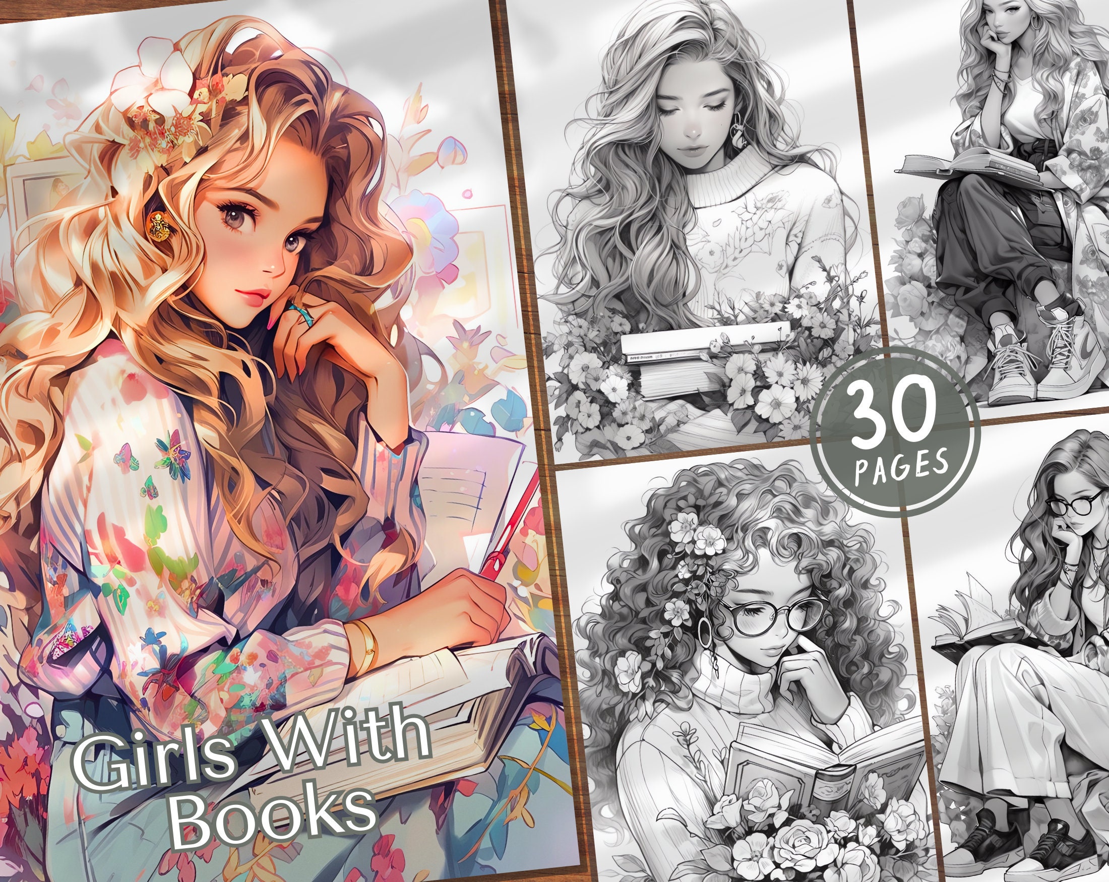 30 Girls With Books Digital Coloring Book Fashion Girls Coloring Pages ...