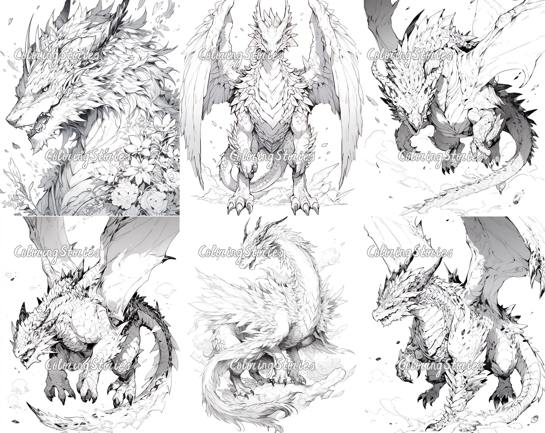 30 Fantasy Dragons Coloring Pages Adults and Kids Grayscale Book Gift ...