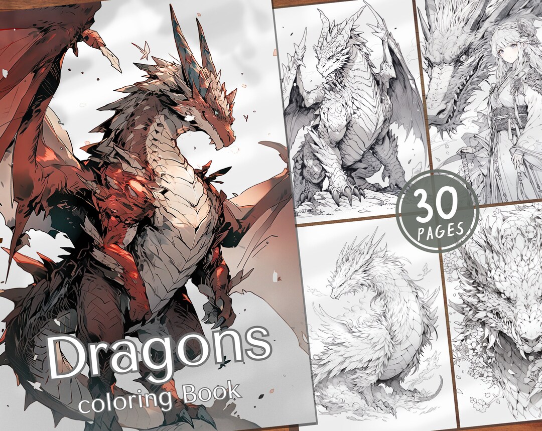 30 Fantasy Dragons Coloring Pages Adults and Kids Grayscale Book Gift ...