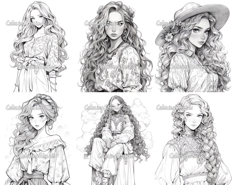 30 Bohemian Style Digital Coloring Book Fashion Girls Coloring Pages ...