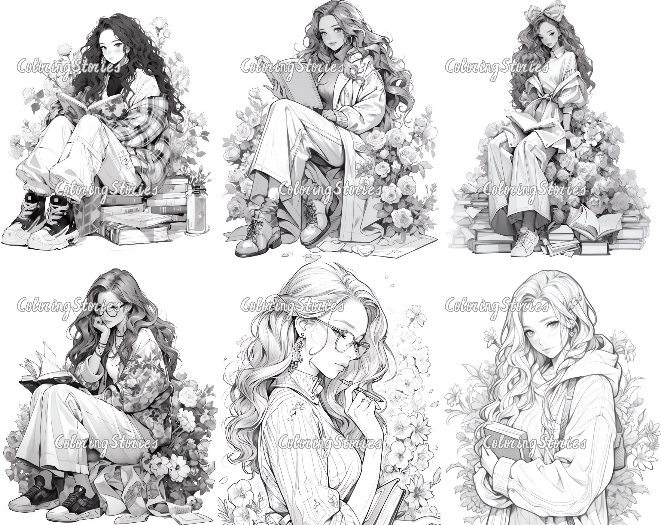 30 Girls With Books Digital Coloring Book Fashion Girls Coloring Pages ...