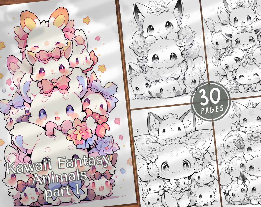 30 Cute Kawaii Fantasy Animals Part 1 Coloring Pages Adults and Kids ...