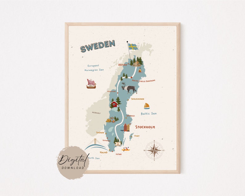 Schweden Poster| digitaler Download | Schweden illustrierte Karte ...