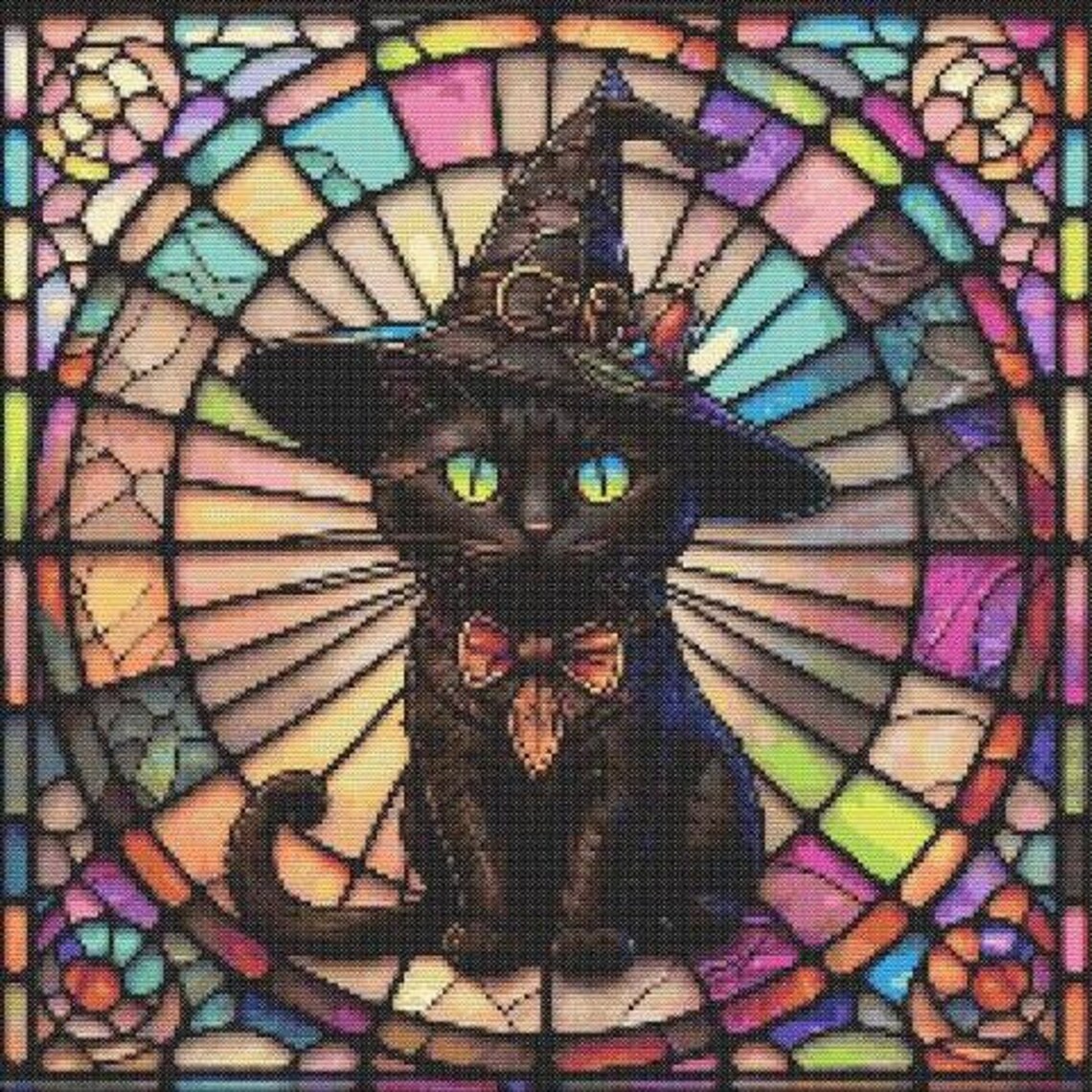Black Cat Witch Cross Stitch Pattern - Stained Glass Style - Etsy