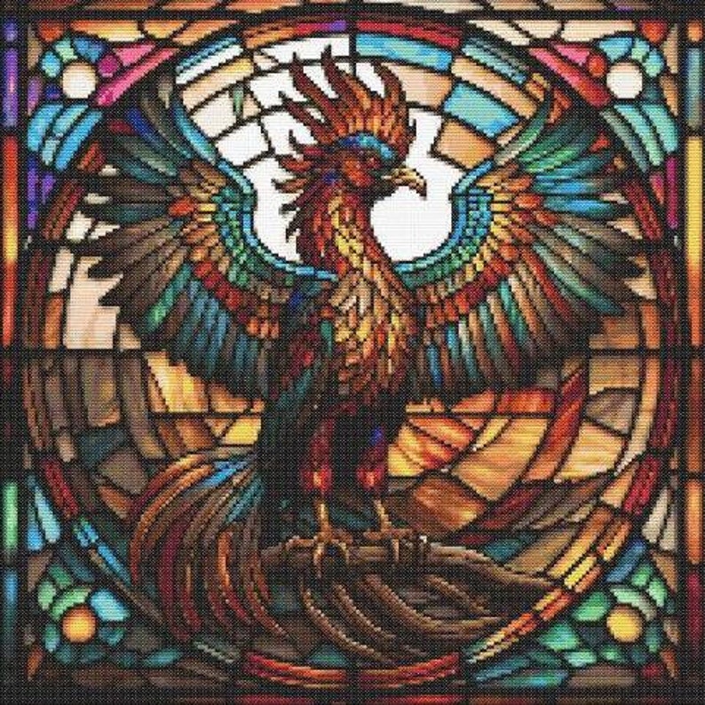 Phoenix Stained Glass Style Cross Stitch Pattern - Mythical Bird Needlework Design - Etsy