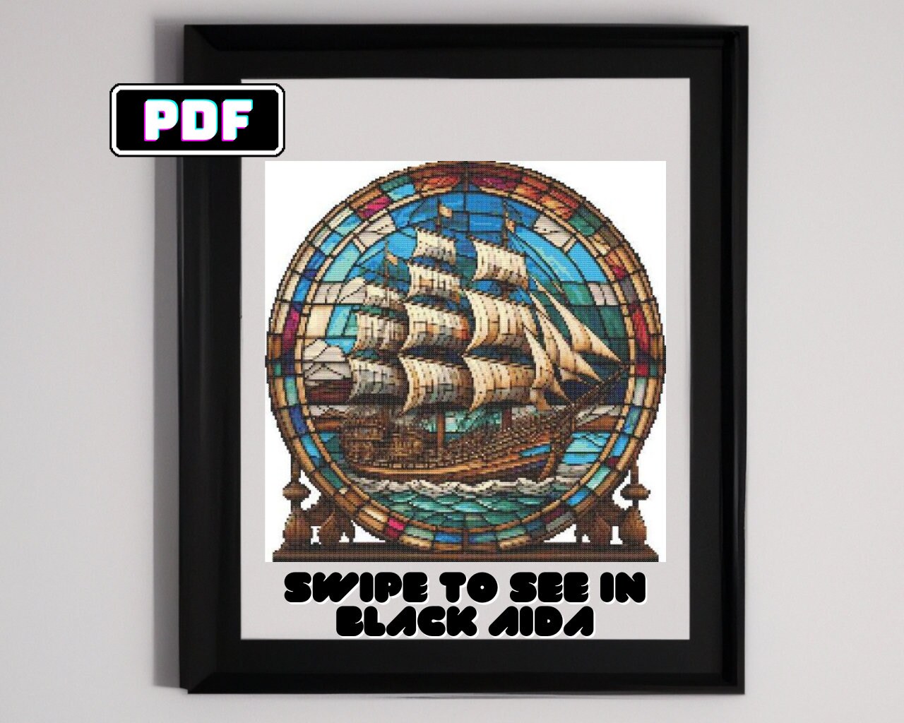 Stained Glass Style Old Ship Cross Stitch Pattern Nautical Embroidery ...