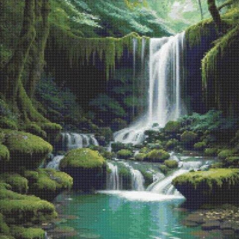 Hidden Waterfall Cross Stitch Pattern Nature's Serenity, DIY Embroidery ...