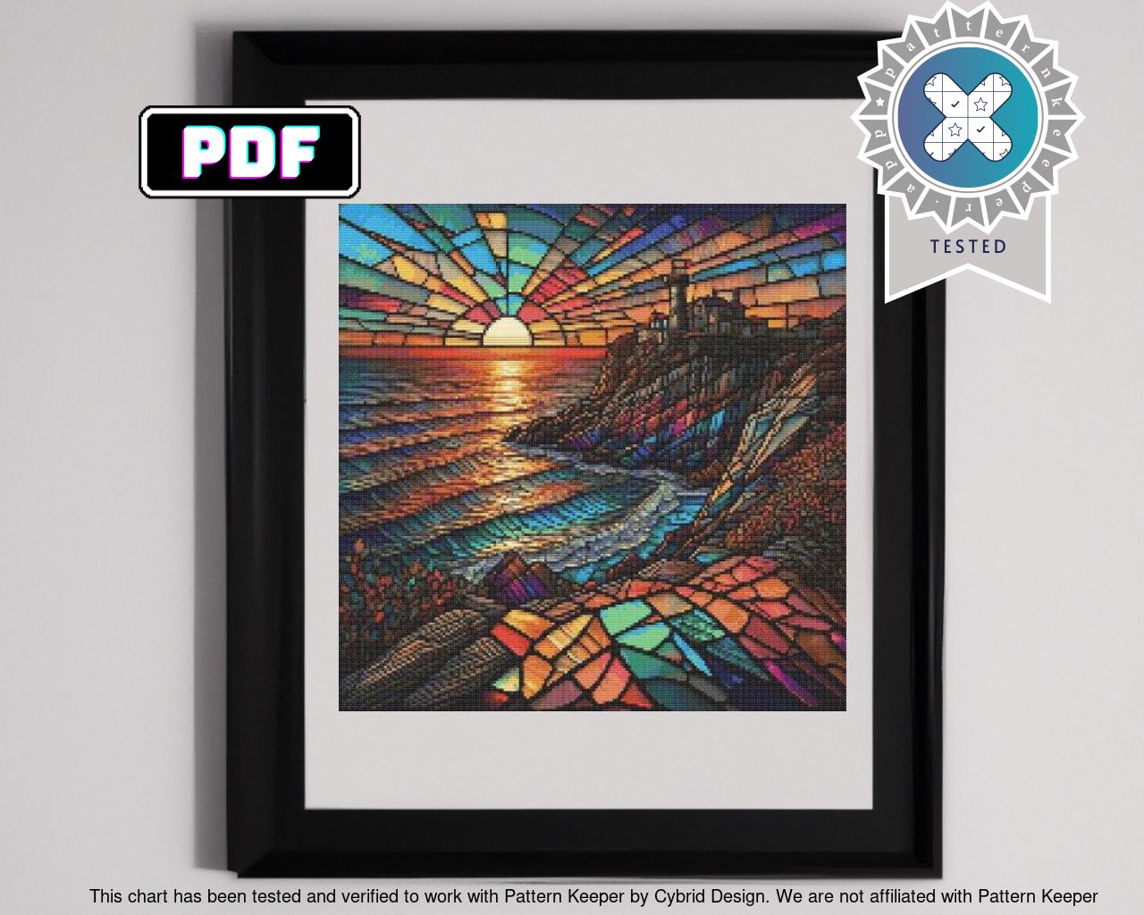 Sunset Coastal Cliff Cross Stitch Pattern - Stained Glass Style - Etsy