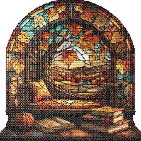 Autumn Book Nook Cross Stitch Pattern - Stained Glass Style - Etsy