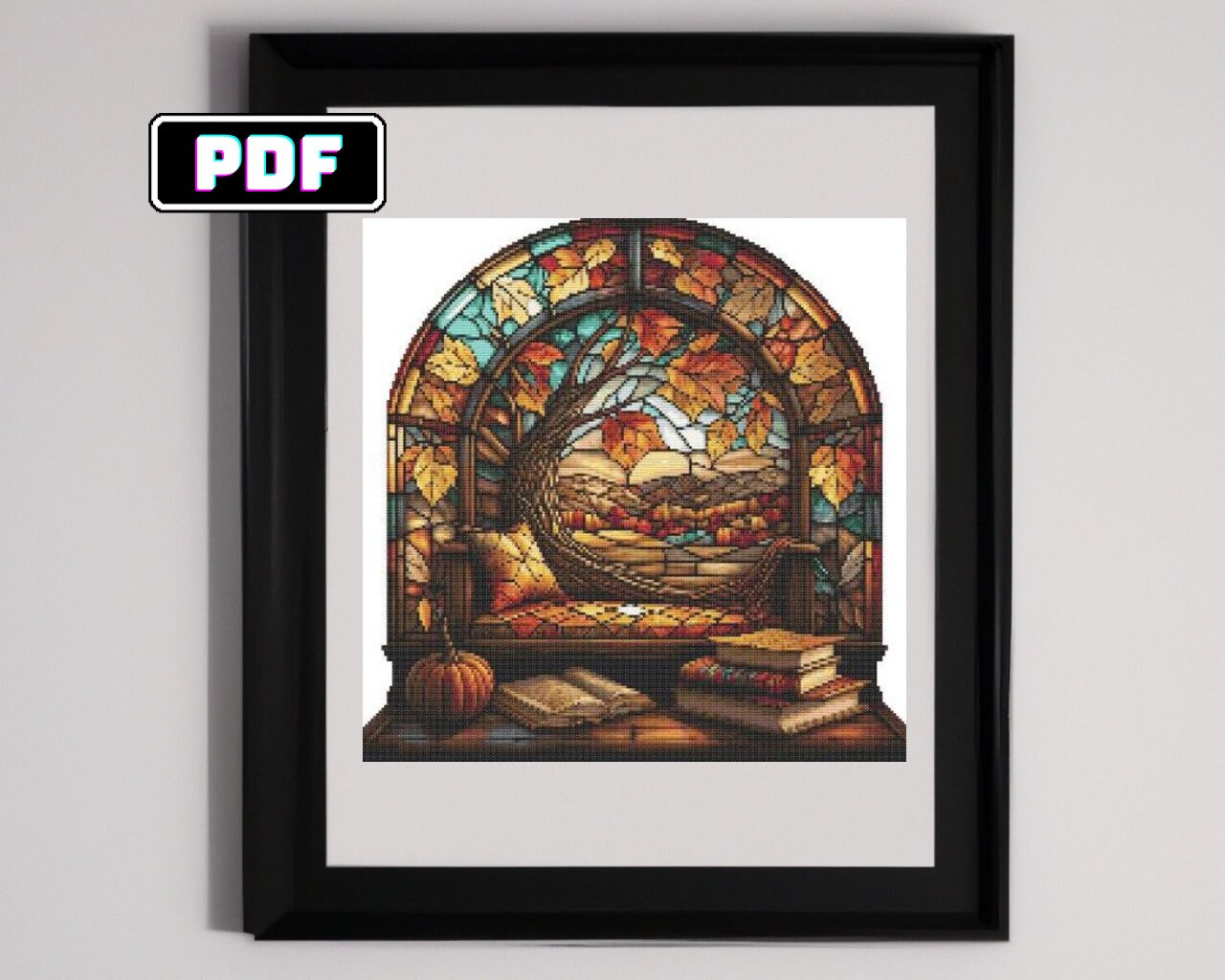 Autumn Book Nook Cross Stitch Pattern Stained Glass Style - Etsy