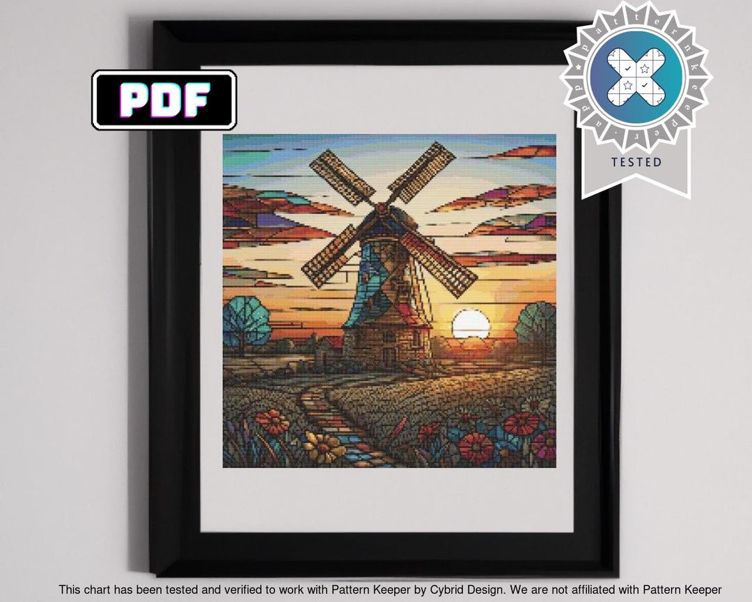 Rural Windmill Sunset Cross Stitch Pattern - Stained Glass Style - Etsy