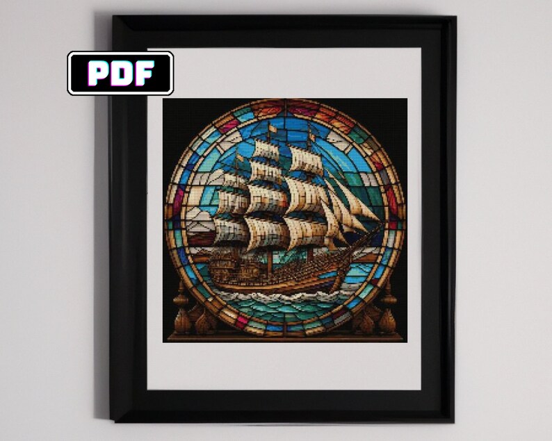 Stained Glass Style Old Ship Cross Stitch Pattern Nautical Embroidery ...