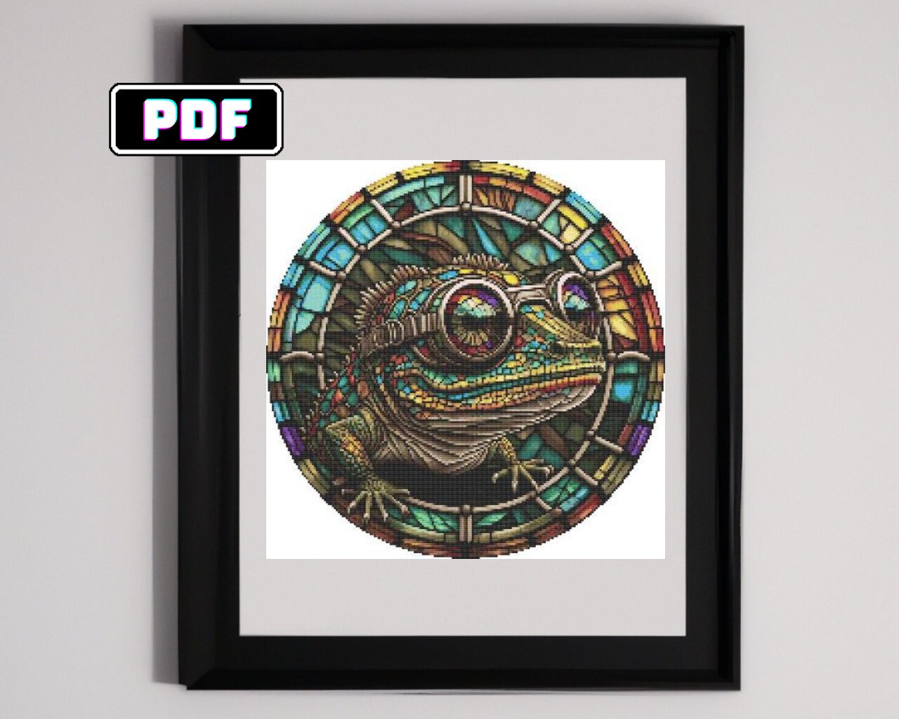 Gecko With Goggles Cross Stitch Pattern Stained Glass Style DIY Modern ...