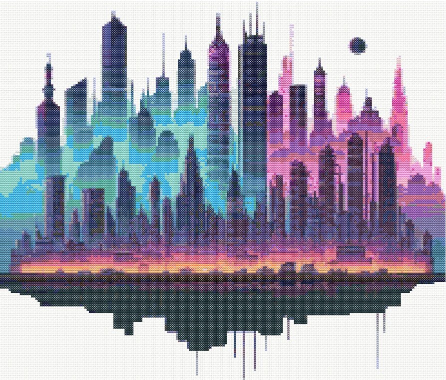 Futuristic Neon Skyline Cross Stitch Pattern - DIY Embroidery Design - Etsy