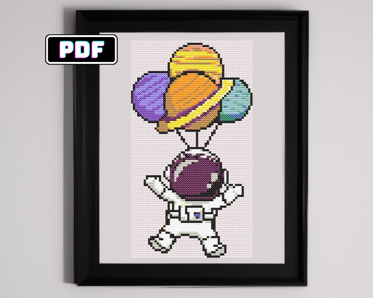 Pixel Art Cute Astronaut Cross Stitch Pattern With Balloon Planets ...