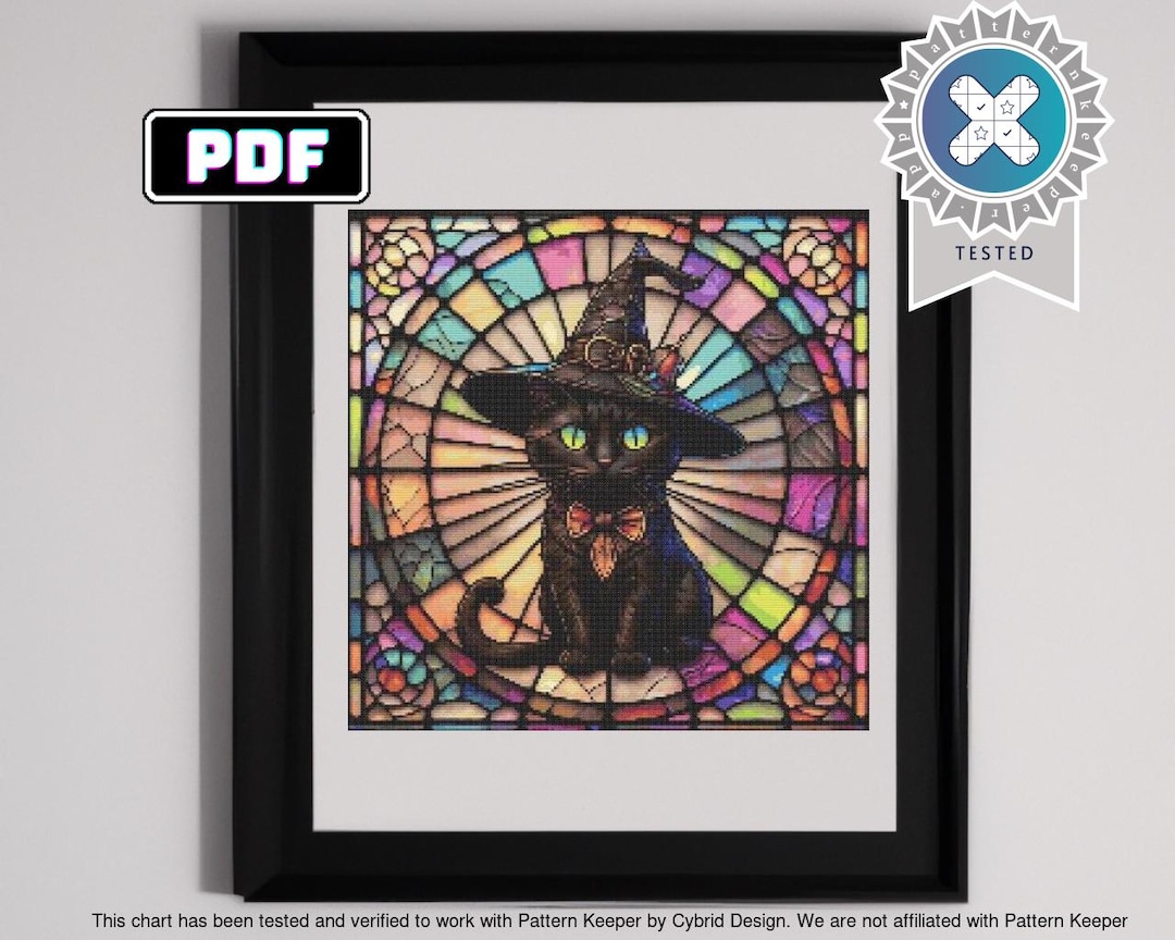 Black Cat Witch Cross Stitch Pattern - Stained Glass Style - Etsy
