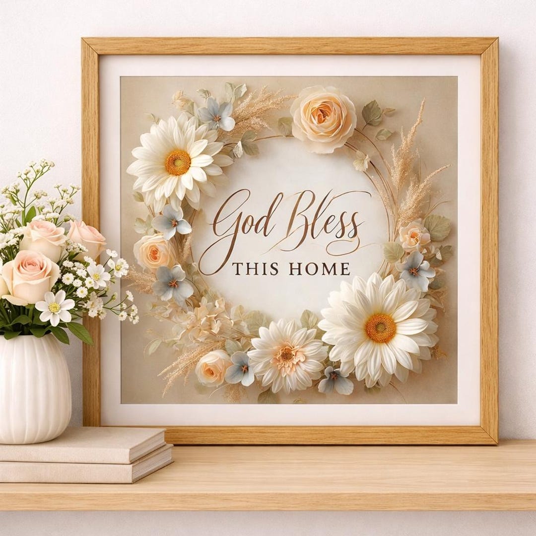 God Bless This Home Wall Art, Christian Quote Print, Floral Wreath ...