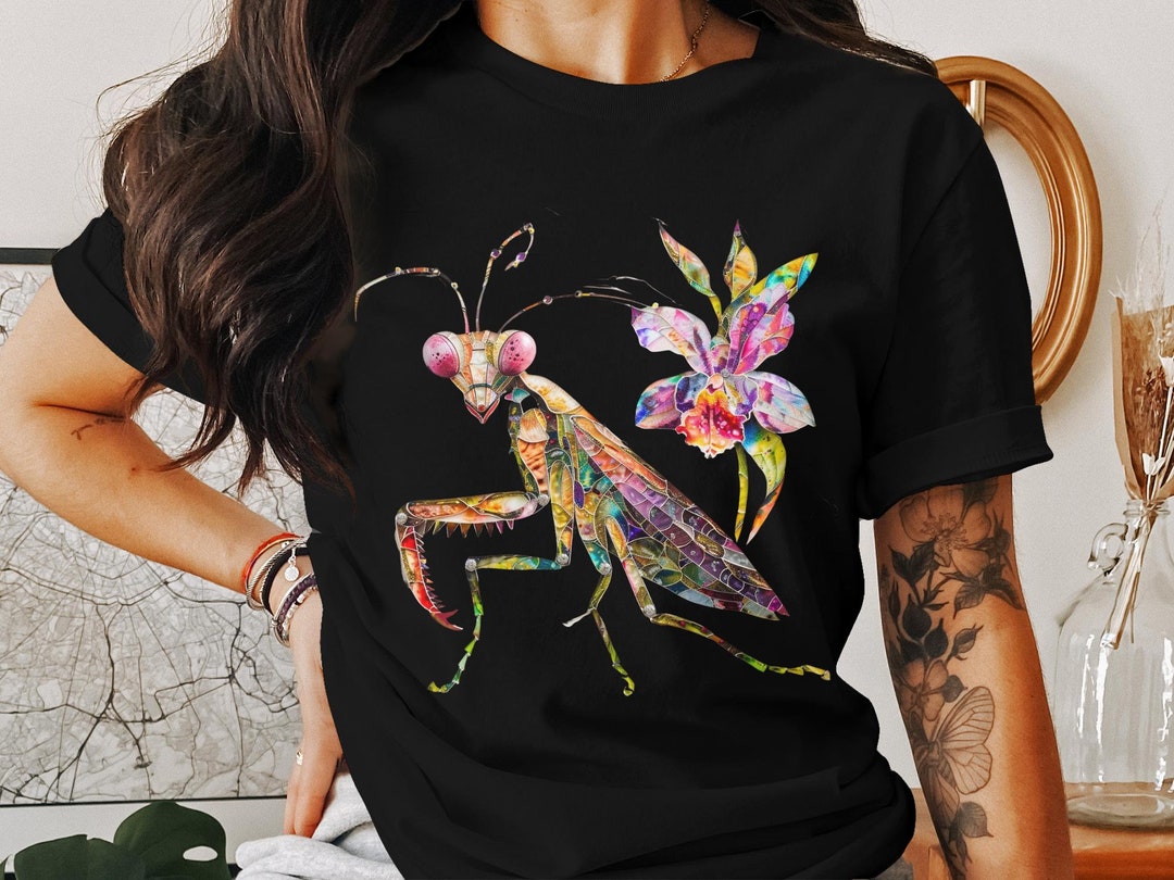 Colorful Stained Glass Insect Design T-shirt, Cute Praying Mantis Tee ...