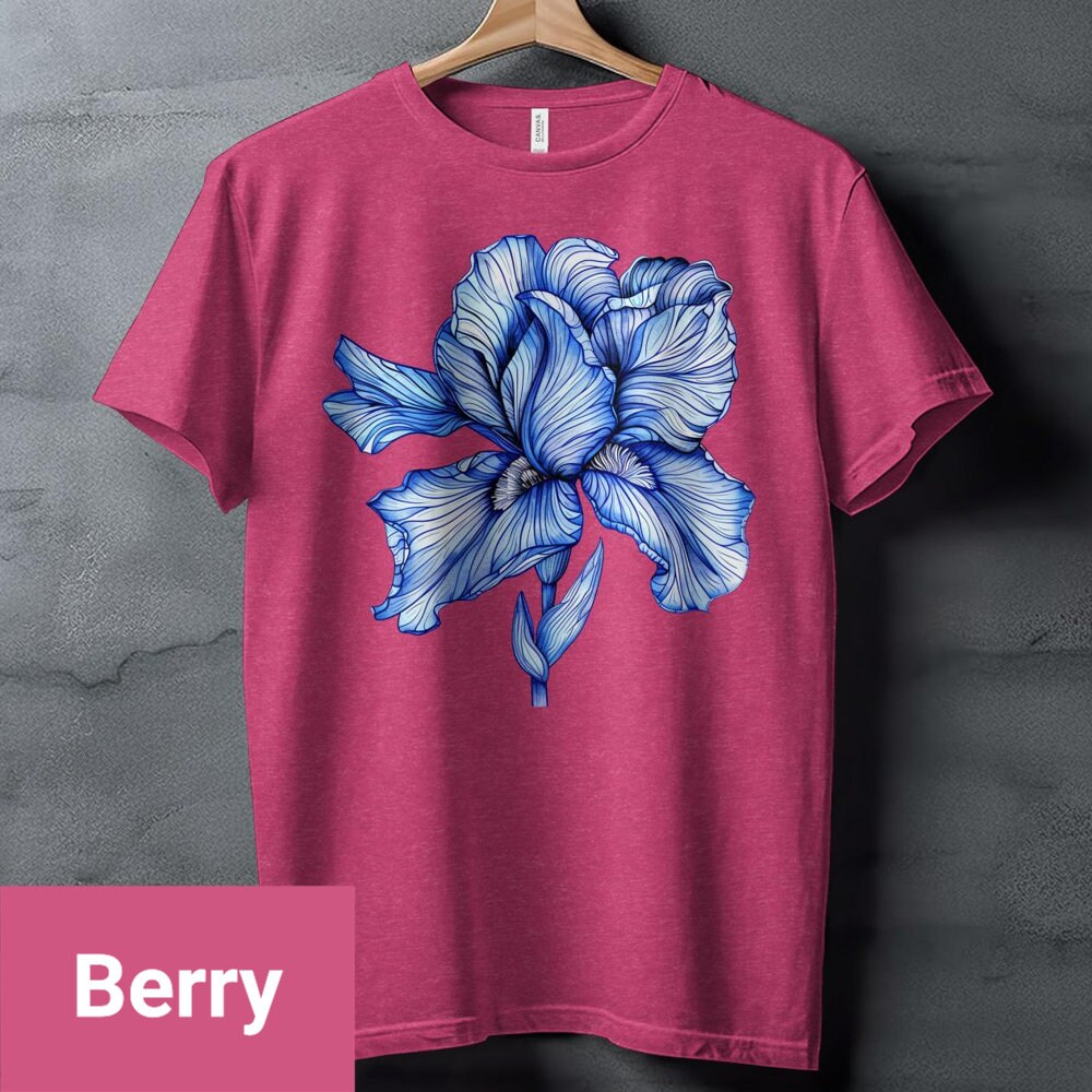 Blue Floral Iris T-shirt, Vibrant Flower Art Tee, Botanical ...