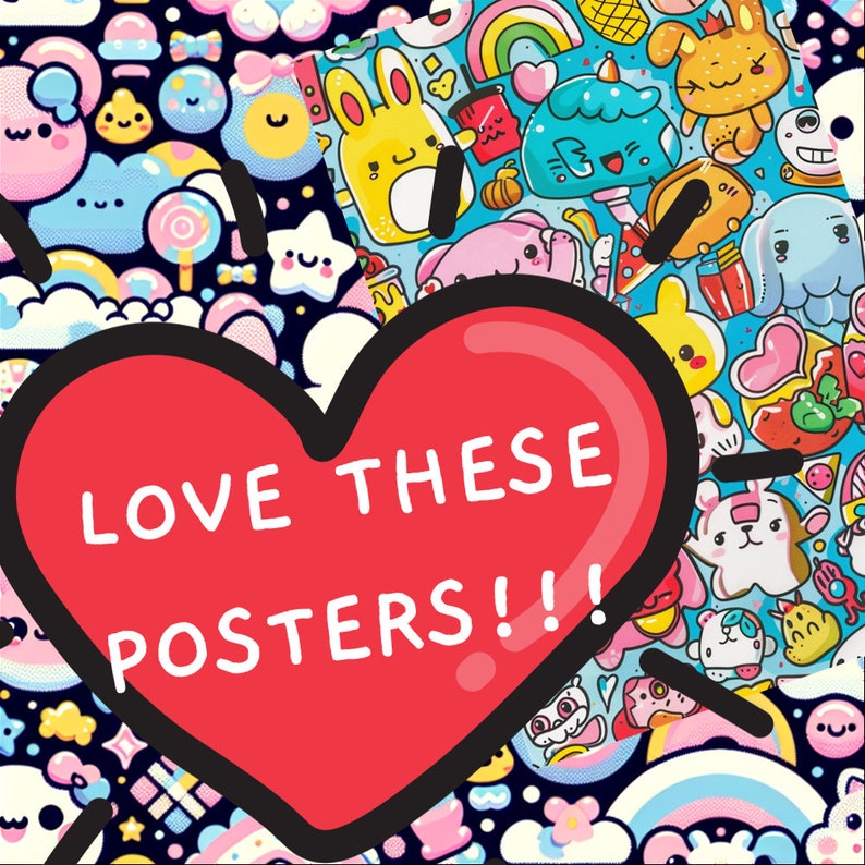 21 Puffy Stickers With Kawaii Characters and Slogans Poster 11x17 ...