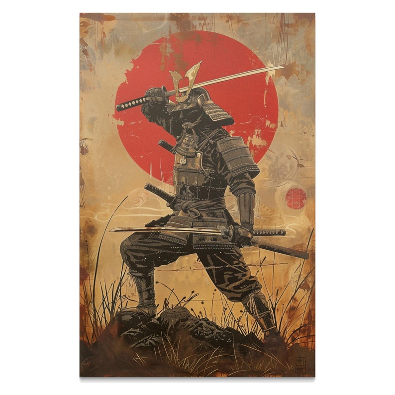 Samurai Warrior Wall Art, Vintage Japanese Poster, Rustic Home Decor ...