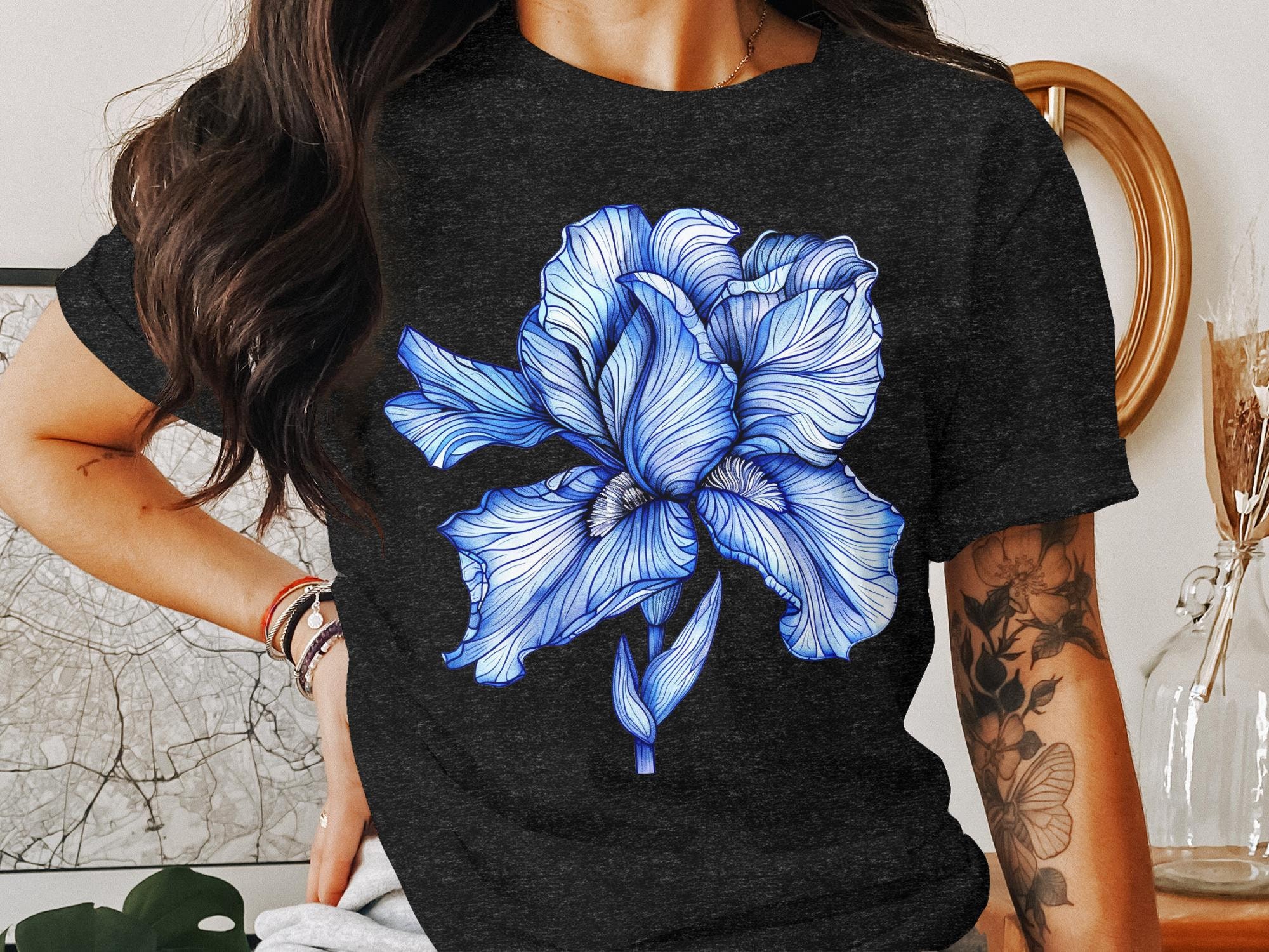 Blue Floral Iris T-shirt, Vibrant Flower Art Tee, Botanical ...