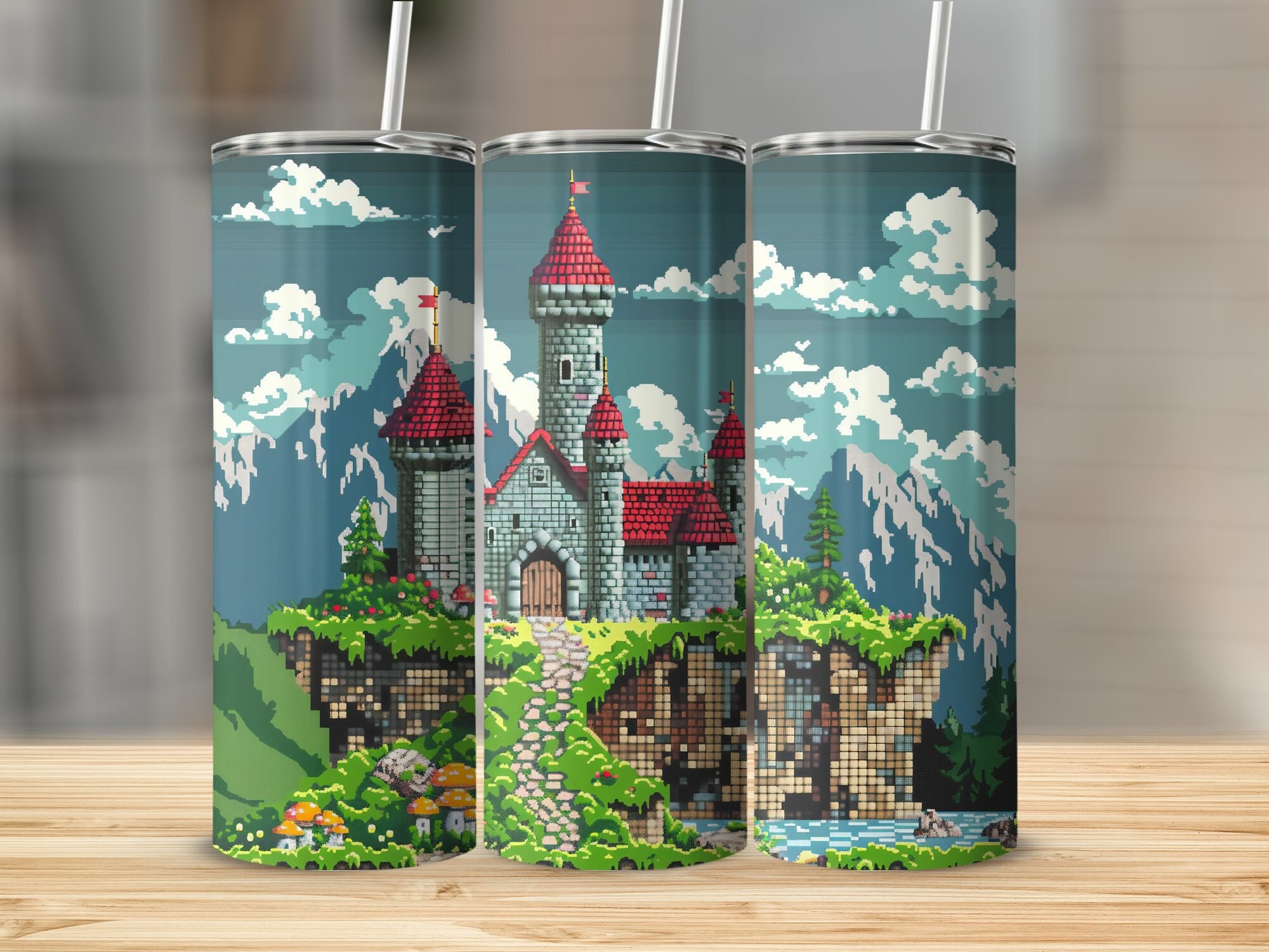Tumblerful Pixel Art Castle Stainless Steel Tumbler Pixelated Landscape ...
