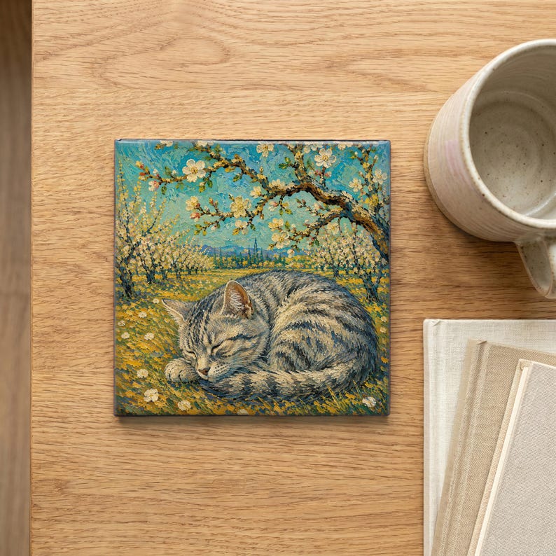 Silver Tabby Cat Van Gogh Ceramic Tile | Cat Wall Art | Gift for Tabby ...