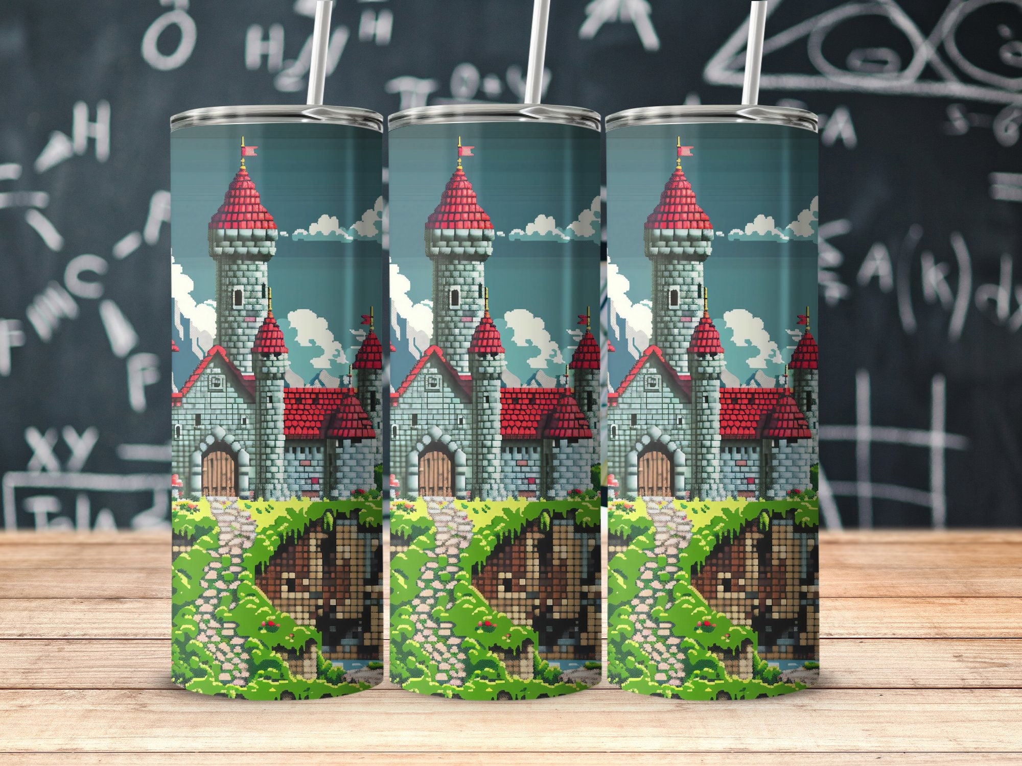 Tumblerful Pixel Art Castle Stainless Steel Tumbler Pixelated Landscape ...