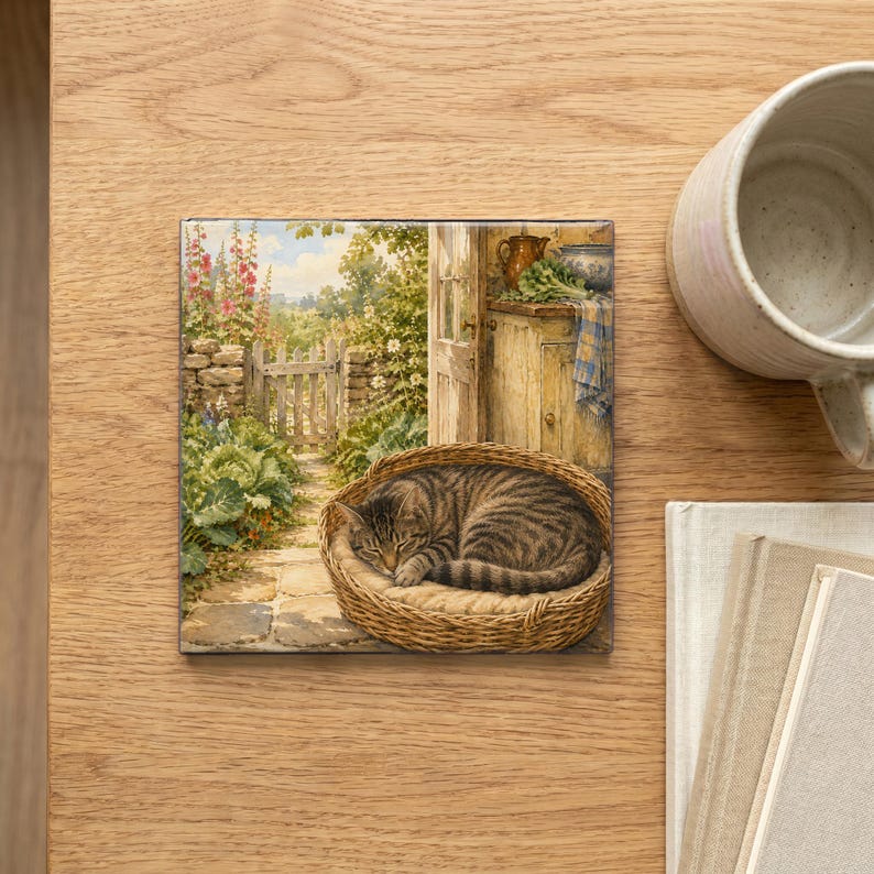 Grey Tabby Cat Storybook Watercolor Ceramic Tile | Cat Wall Art | Gift ...