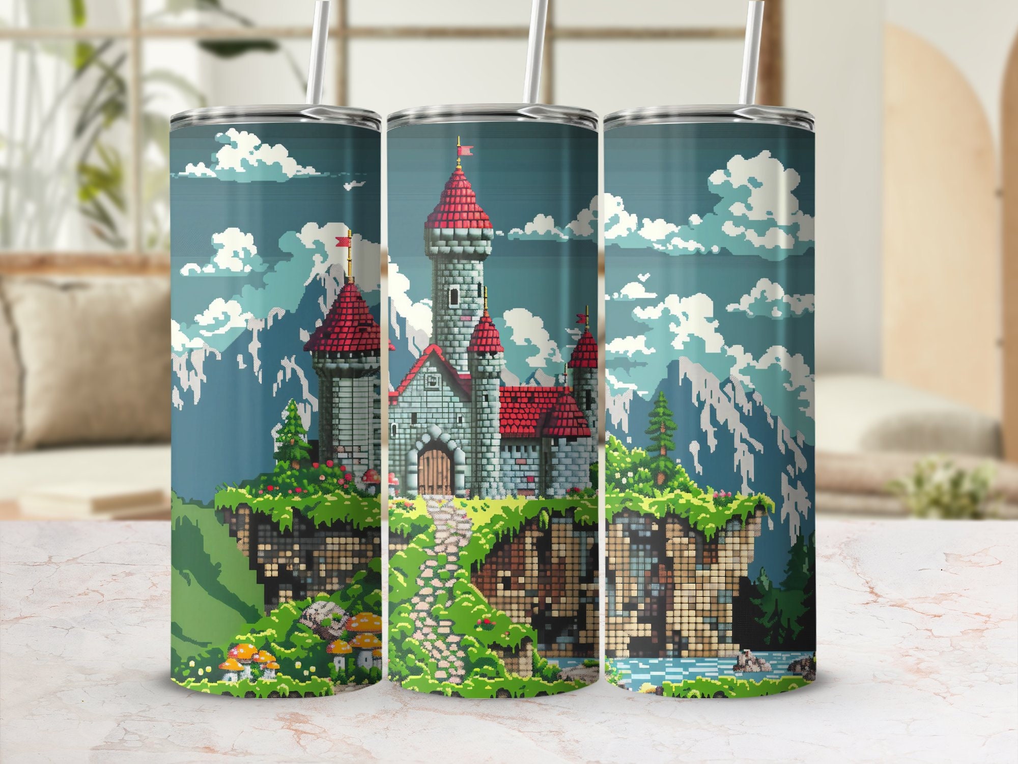 Tumblerful Pixel Art Castle Stainless Steel Tumbler Pixelated Landscape ...