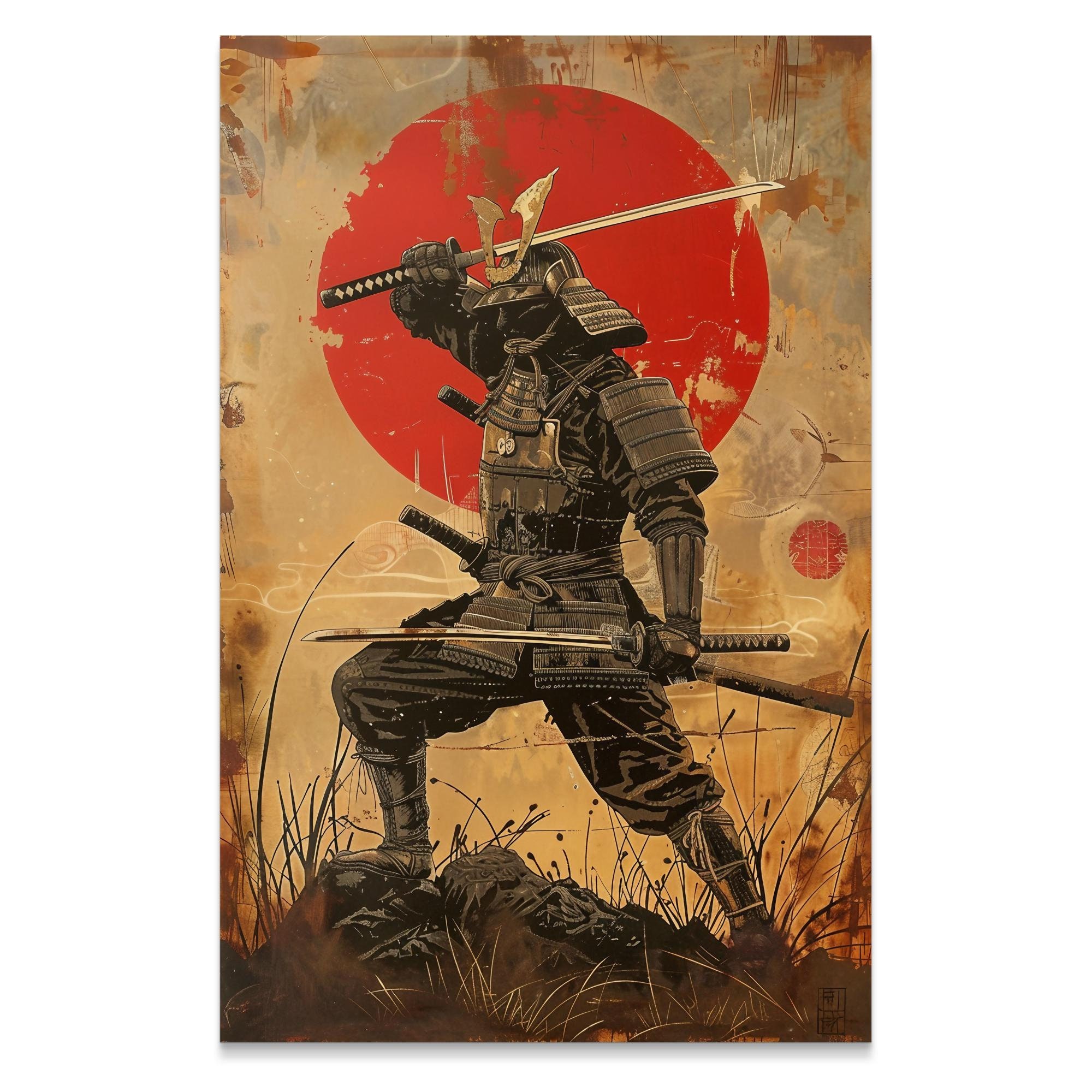 Samurai Warrior Wall Art, Vintage Japanese Poster, Rustic Home Decor ...