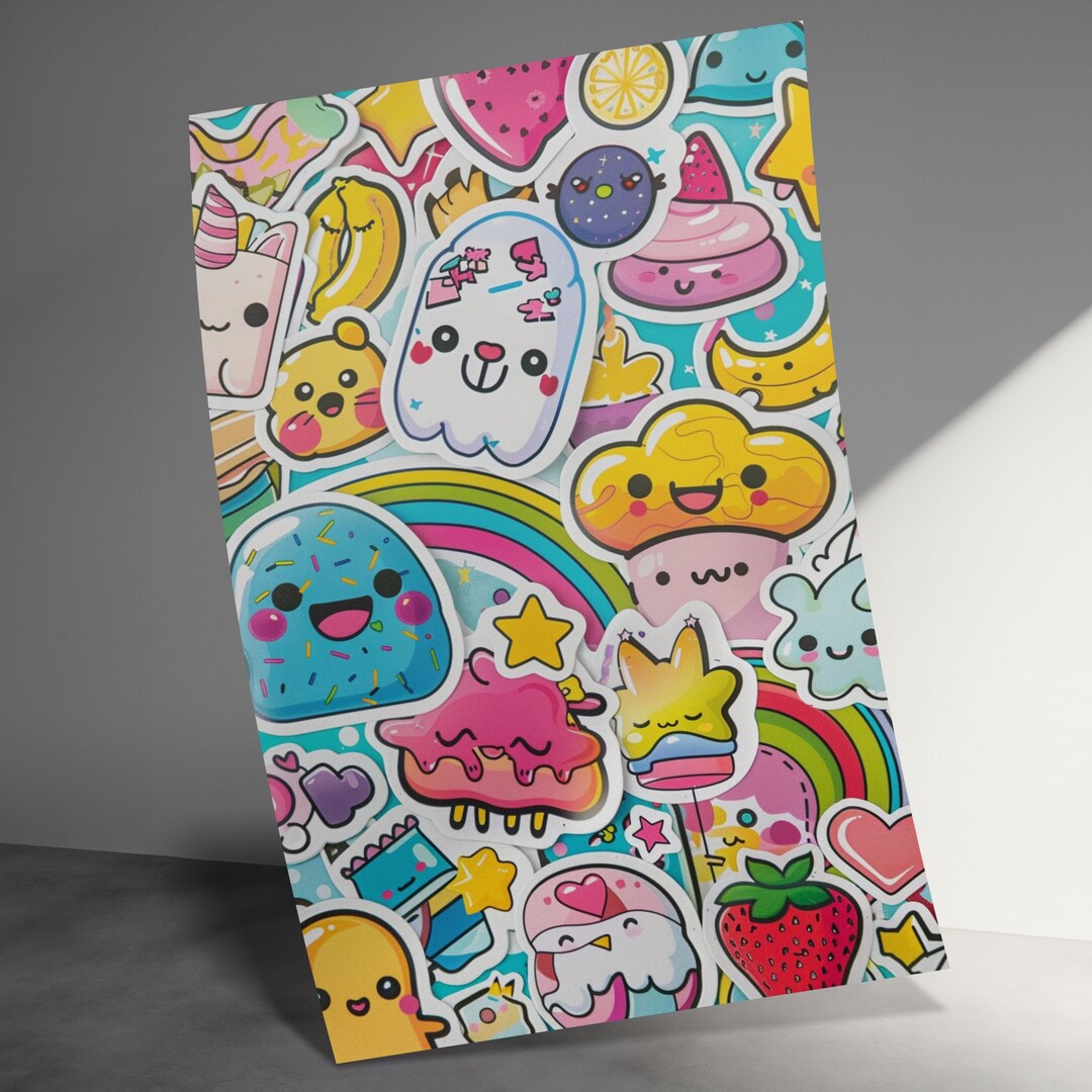 18 Puffy Stickers With Kawaii Characters and Slogans Poster 11x17 ...