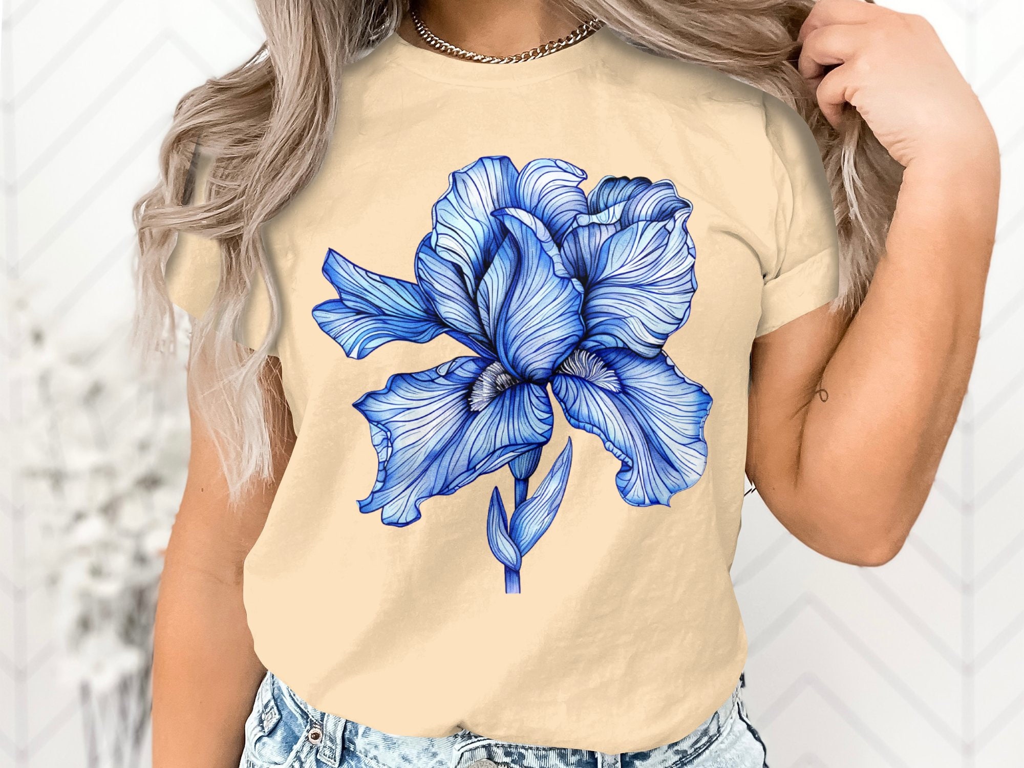 Blue Floral Iris T-shirt, Vibrant Flower Art Tee, Botanical Illustration Shirt, Unique Gift for ...