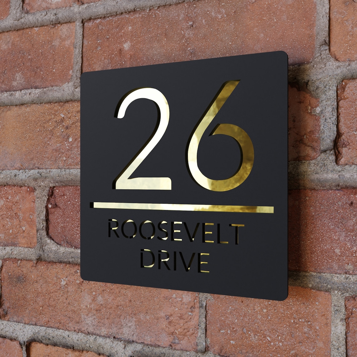 Modern Black Door Numbers, With Gold Mirror Floating Door Sign, Custom ...