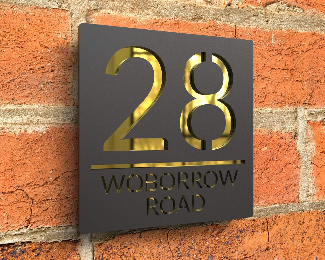 Modern Black Door Numbers, With Gold Mirror Floating Door Sign, Custom ...