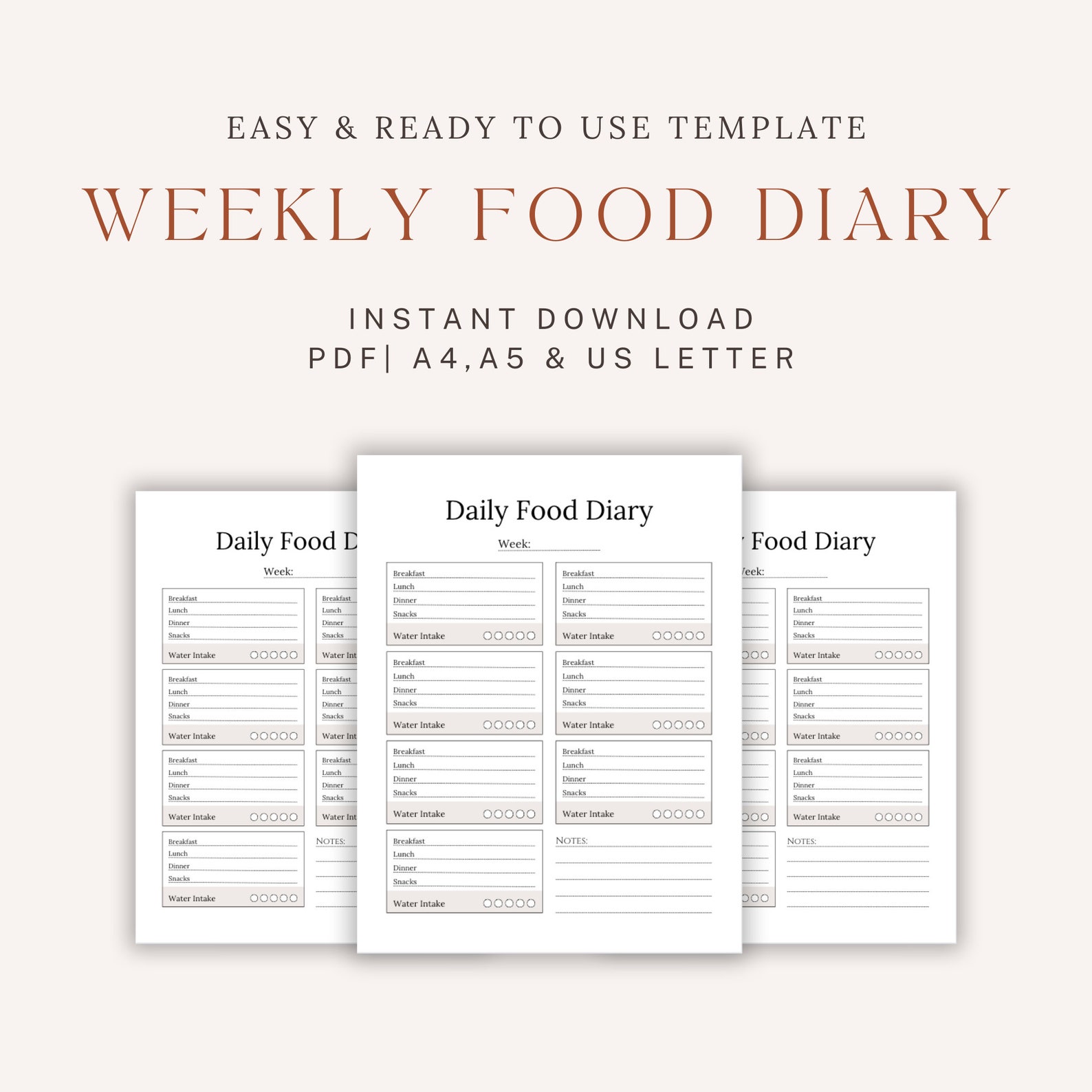 Daily Meal Diary Printable, A4, A5 & US Letter Printable Food Journal ...
