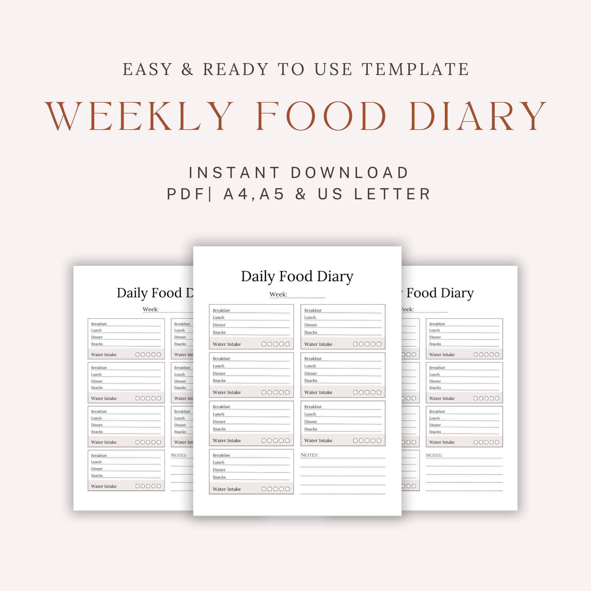 Daily Meal Diary Printable, A4, A5 & US Letter Printable Food Journal ...