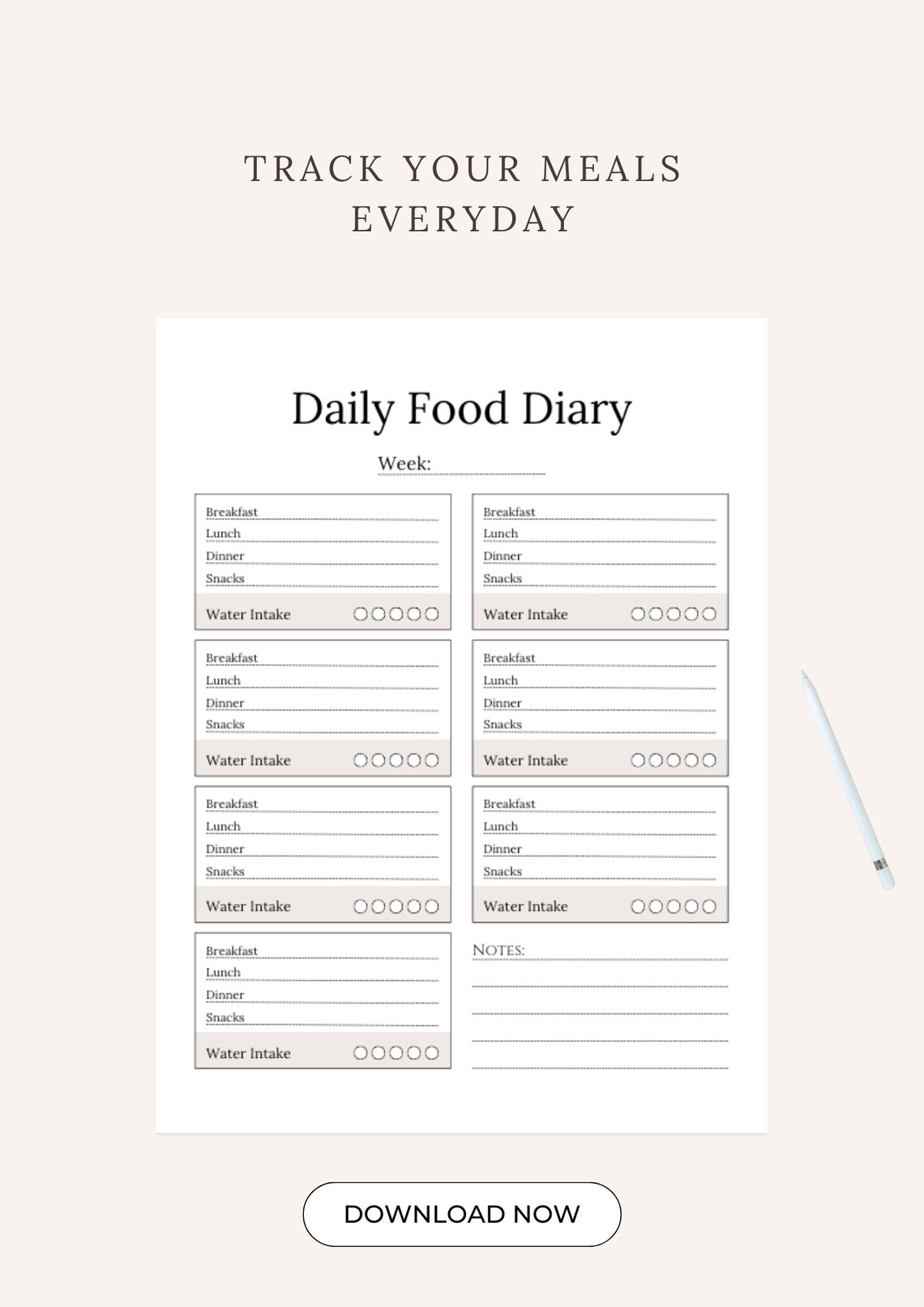 Daily Meal Diary Printable, A4, A5 & US Letter Printable Food Journal ...
