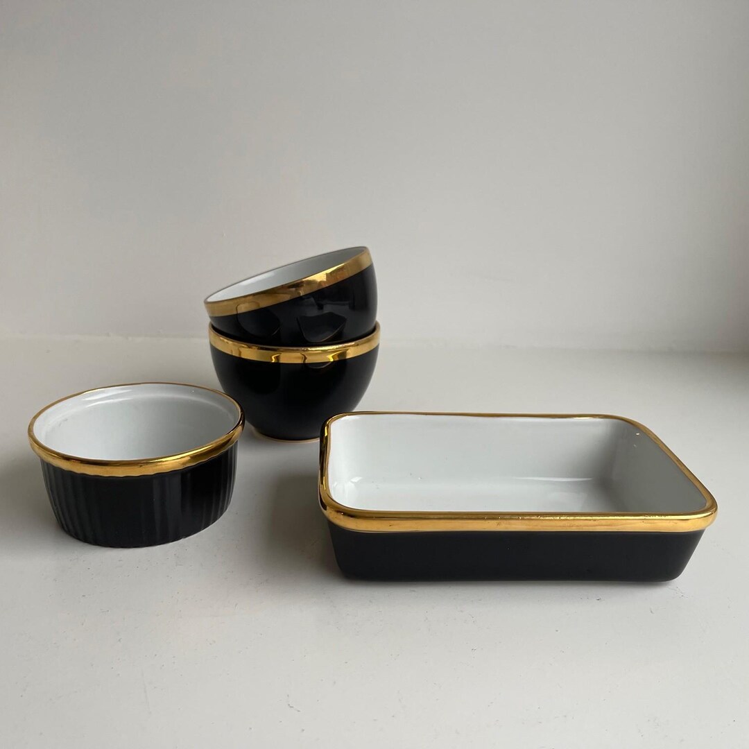 Pillivuyt Bowls and Dishes French Porcelain Set of 4 Black With Gold ...