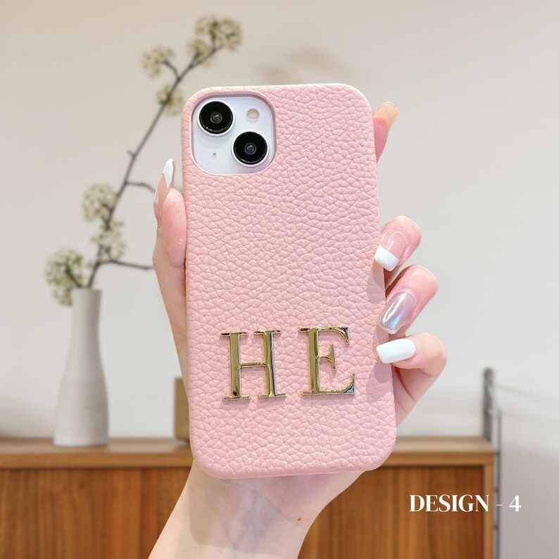 White Leather Personalized Gold Metal Letter Phone Case, iPhone 15 14 ...