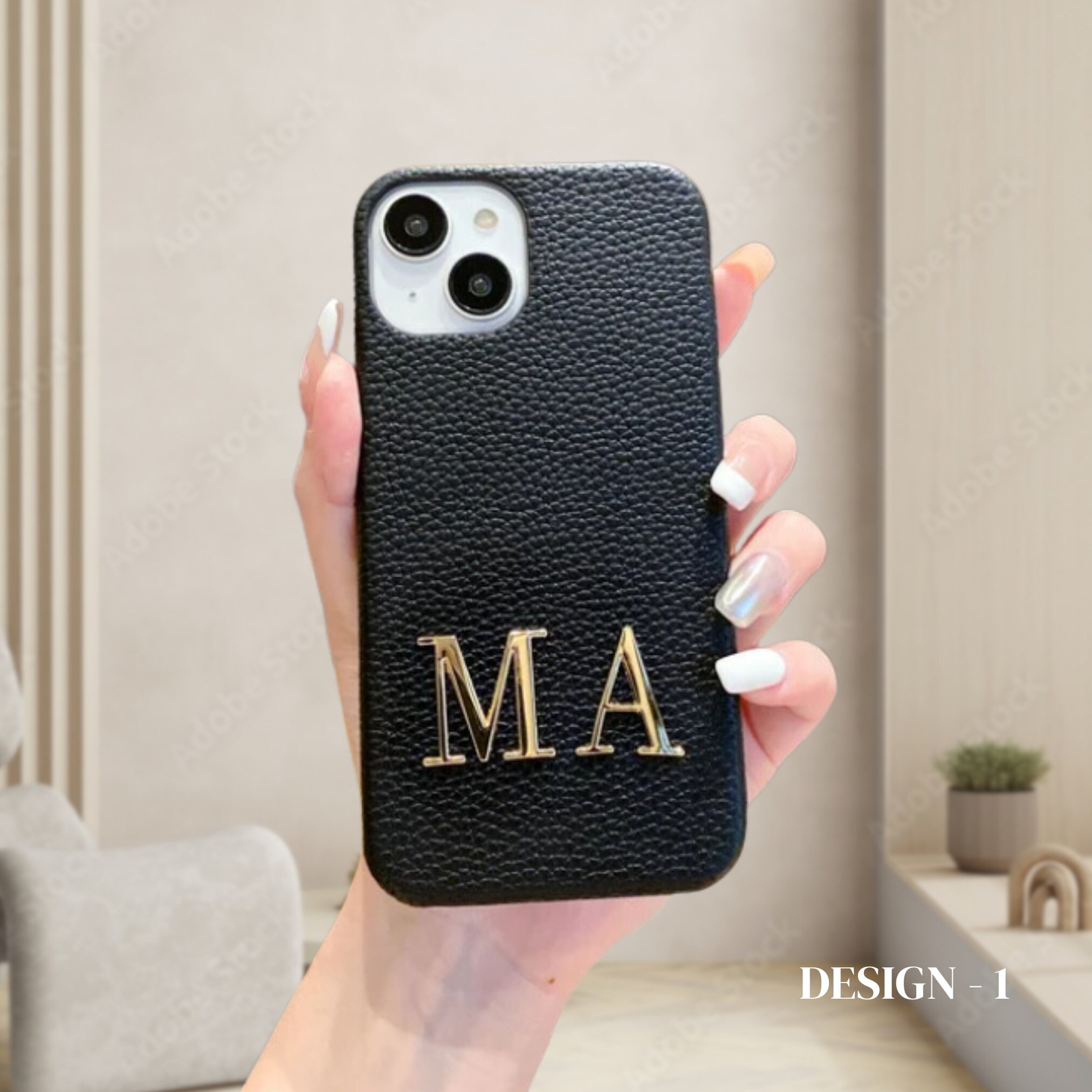 White Leather Personalized Gold Metal Letter Phone Case, iPhone 15 14 ...