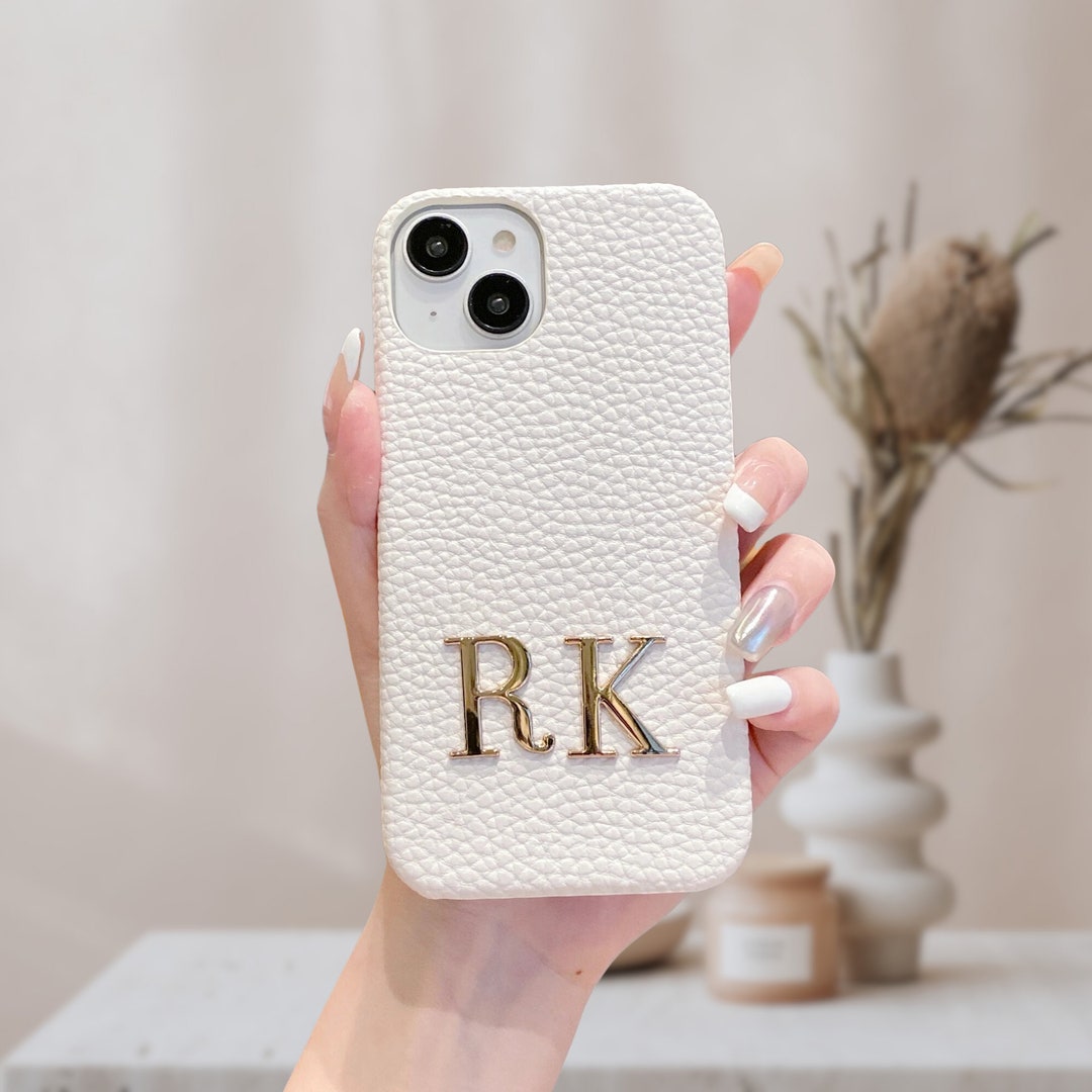 White Leather Personalized Gold Metal Letter Phone Case, iPhone 15 14 ...