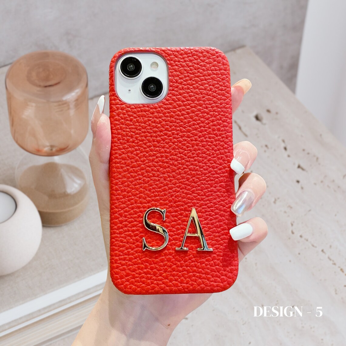 White Leather Personalized Gold Metal Letter Phone Case, iPhone 15 14 ...