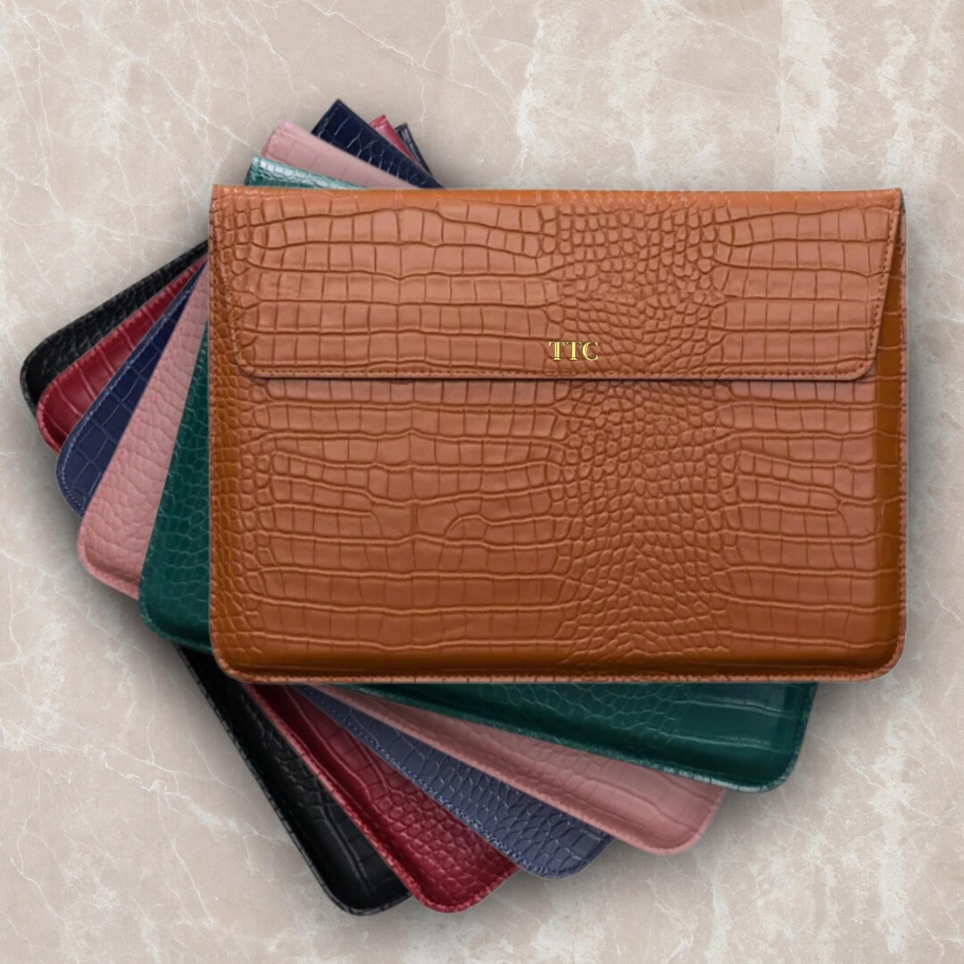 Monogram Laptop Case Leather Crocodile Sleeve With Initial Gold Accent ...