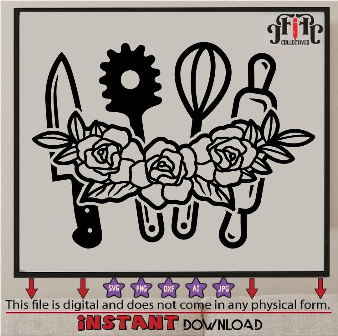Flower Kitchen Utensils Svg, Rose Flowers and Leaves Svg File, Kitchen ...