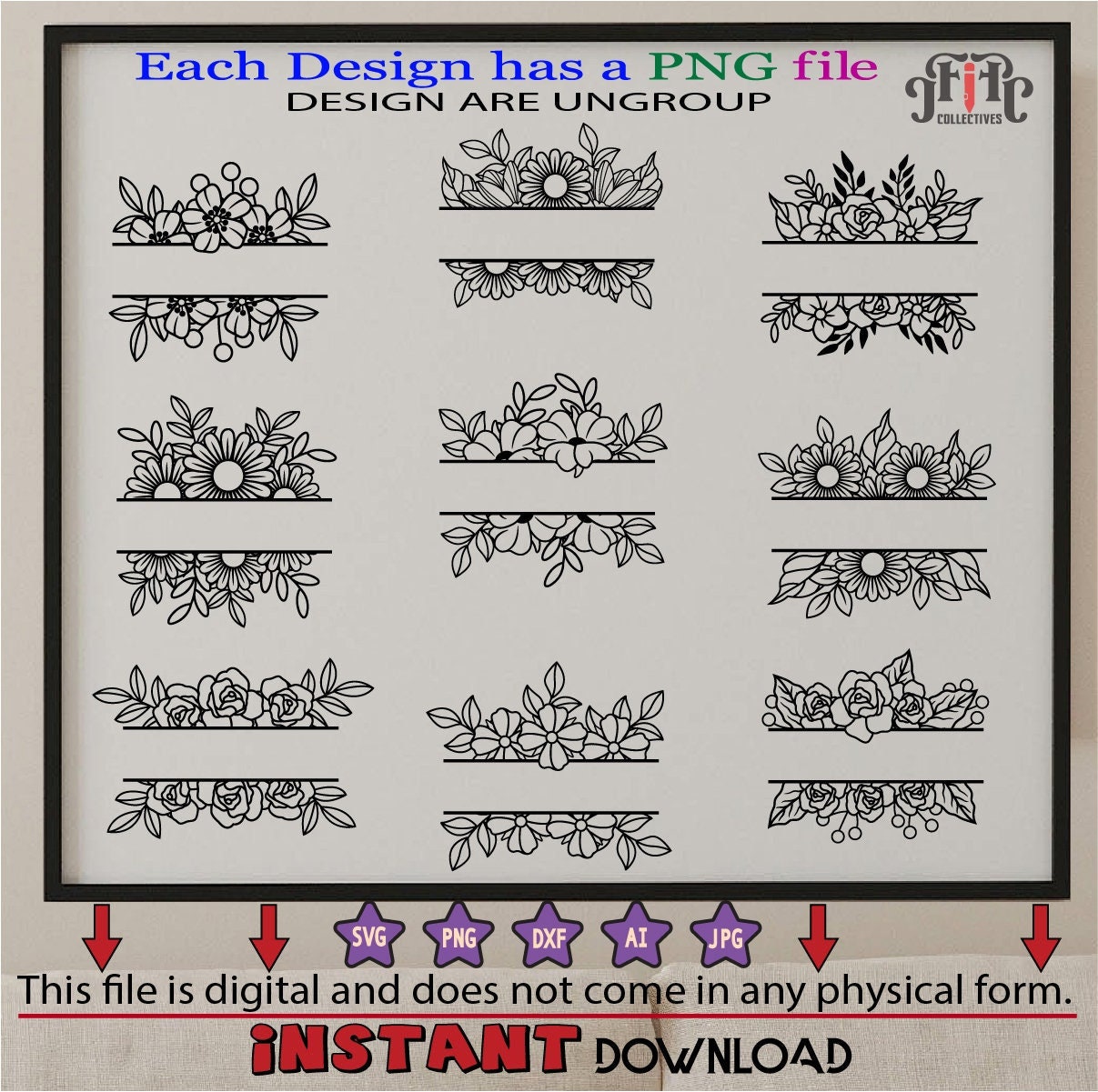 Floral Split SVG, Floral Frame Svg, Flower Border Svg, Split Monogram ...