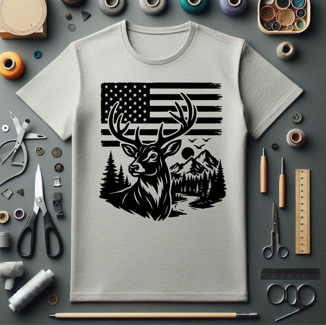 Deer Outdoor Scene With US Flag SVG | Patriotic Deer Silhouette Cut ...