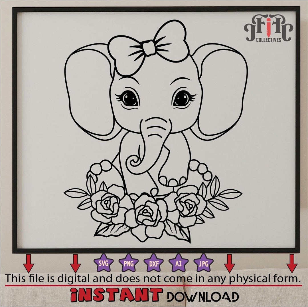 Baby Elephant With Ribbon SVG Cute Elephant Girl Cut File Elephant ...